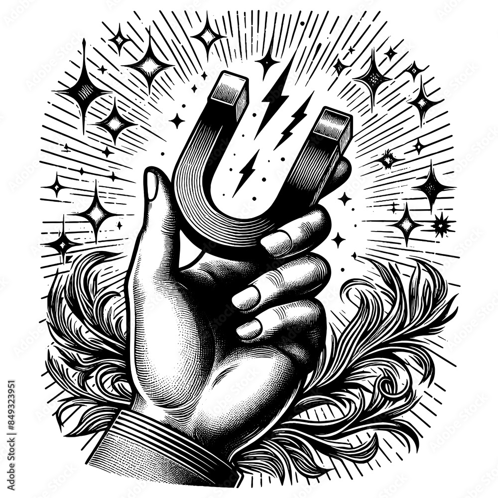 hand holding a horseshoe magnet, emitting magnetic force, in vintage ...