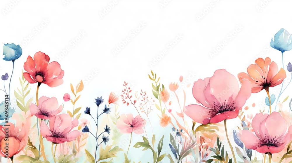 Watercolor floral border with pink and red flowers on white background ...