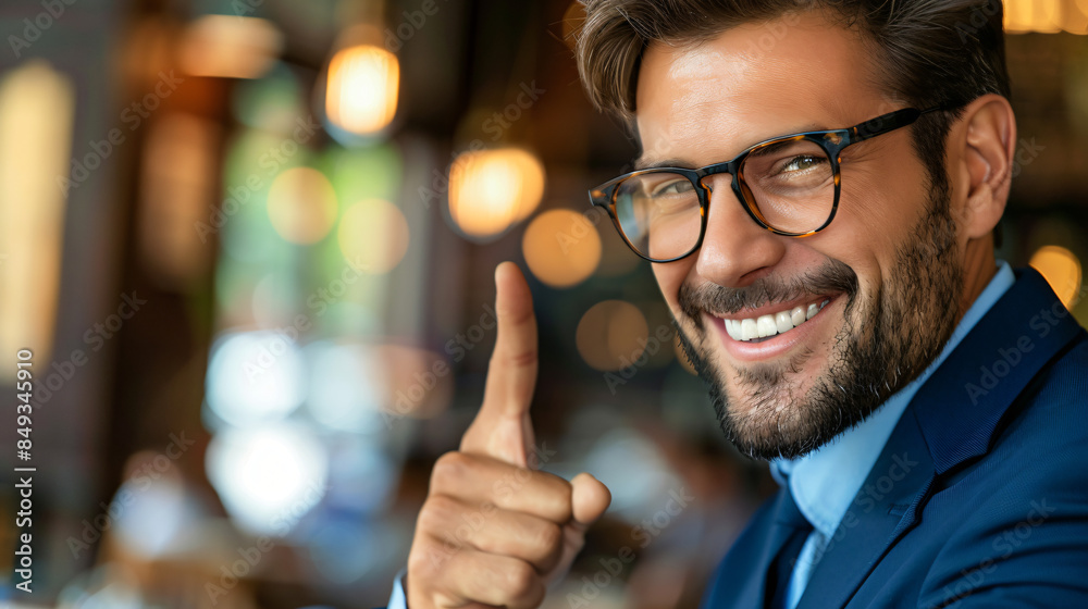 Professional man in a suit smiling and giving a thumbs-up gesture in a ...