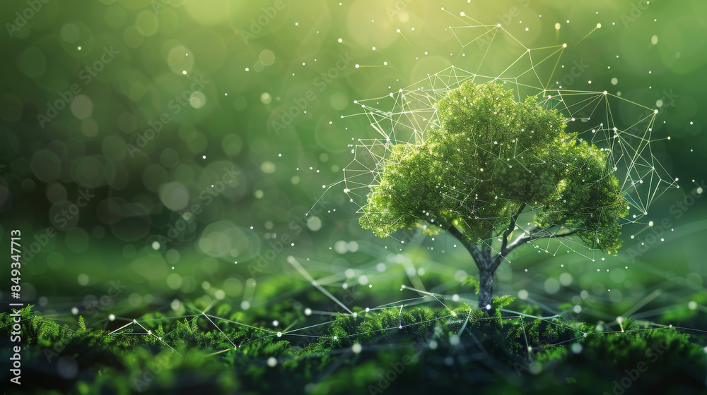 Tree shape composed of translucent, glossy molecules connected by thin ...