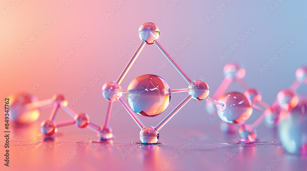 Triangle shape formed by translucent, glossy molecules connected by ...