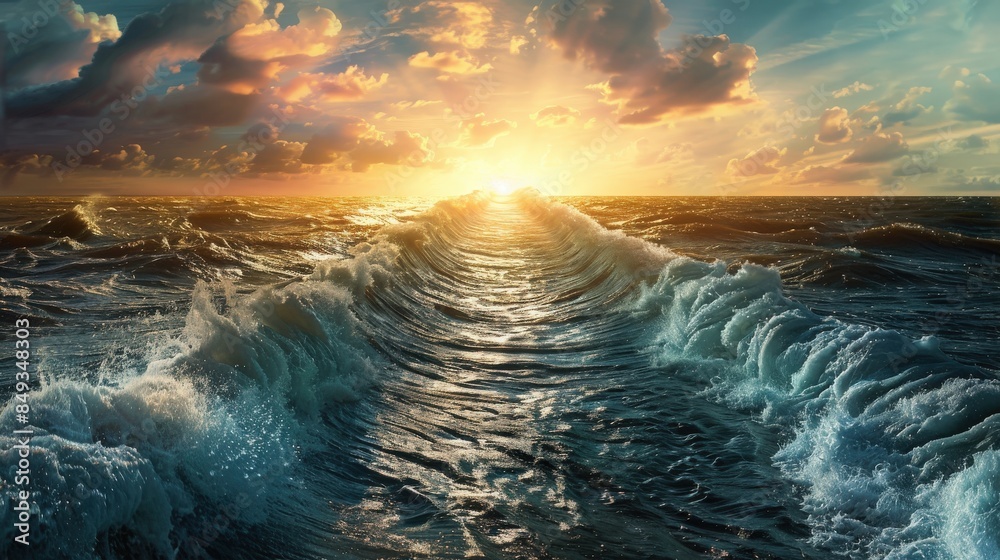 A composite illustration depicting the ocean dramatically parting to ...
