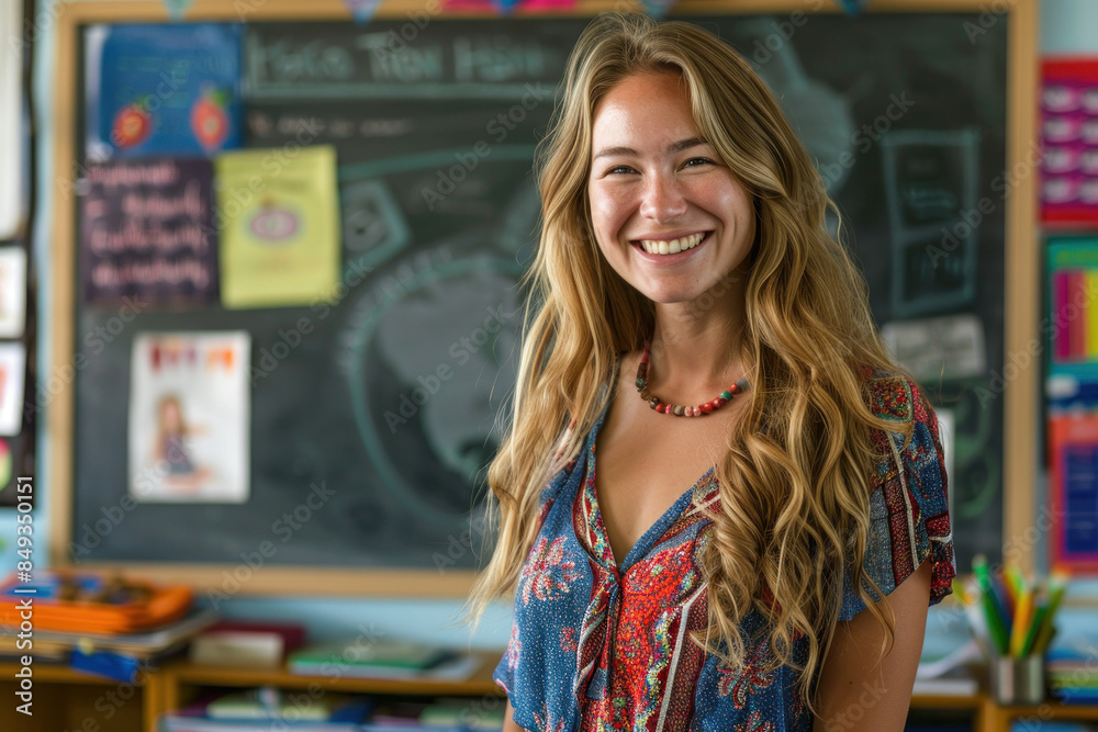 Happy Female Teacher in Classroom, Professional Environment, Diverse ...