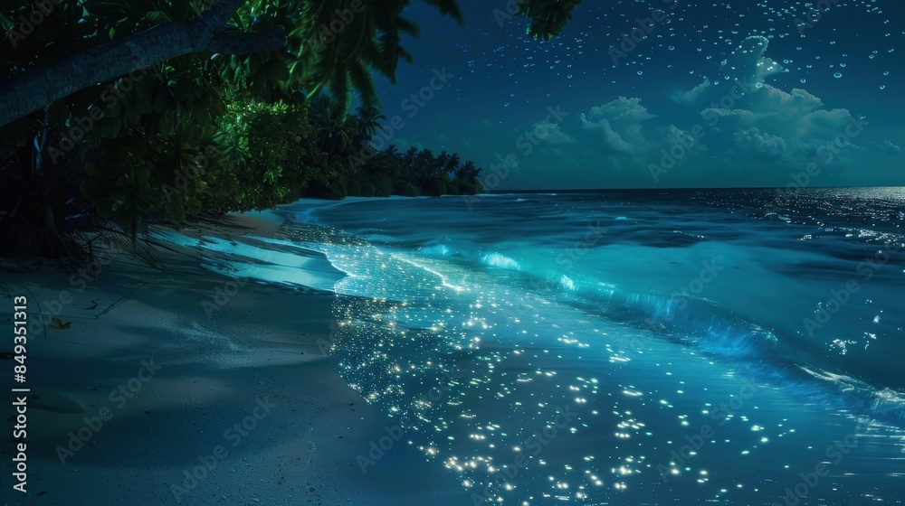 A luminous beach and sea at night, featuring the ethereal glow of ...