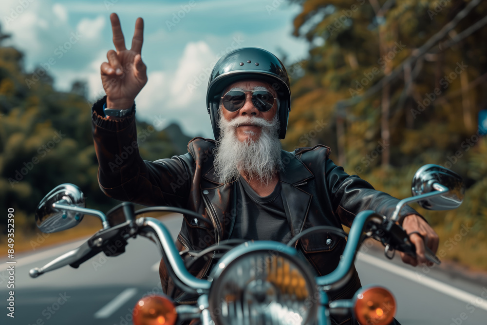 A man with a beard and glasses is riding a motorcycle and waving his ...