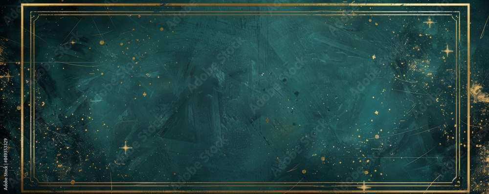 Elegant dark teal background with thin gold border and star decorations ...