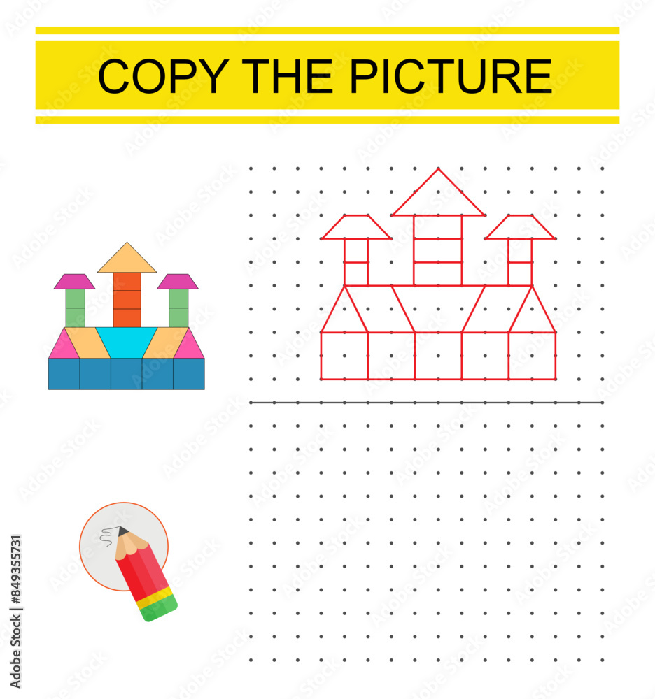 Education game for preschool kids. Copy the cartoon fortress picture by ...