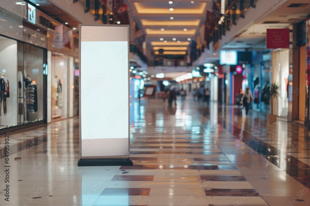 Feature a roll-up mockup poster stand in a vibrant shopping center or ...
