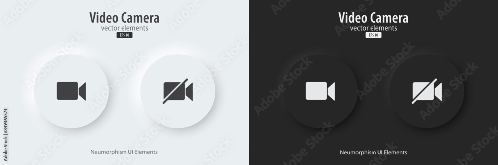 Camera icon. A set of black and white buttons with a on and off camera ...