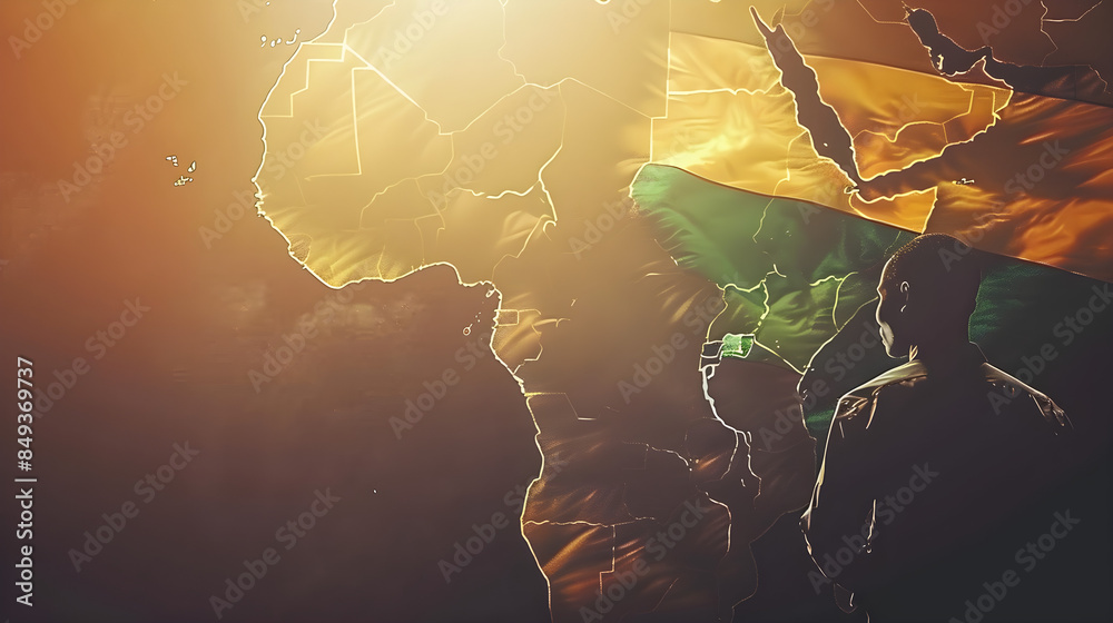 Abstract depiction of African liberation, combines map of Africa ...