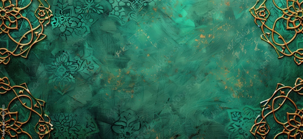 Intricate Arabic patterns adorn a vibrant green background, capturing ...