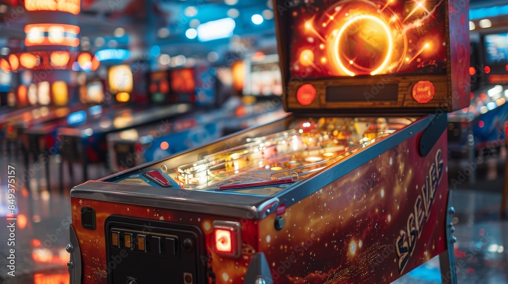 Classic vintage pinball machines with colorful lights in a traditional ...