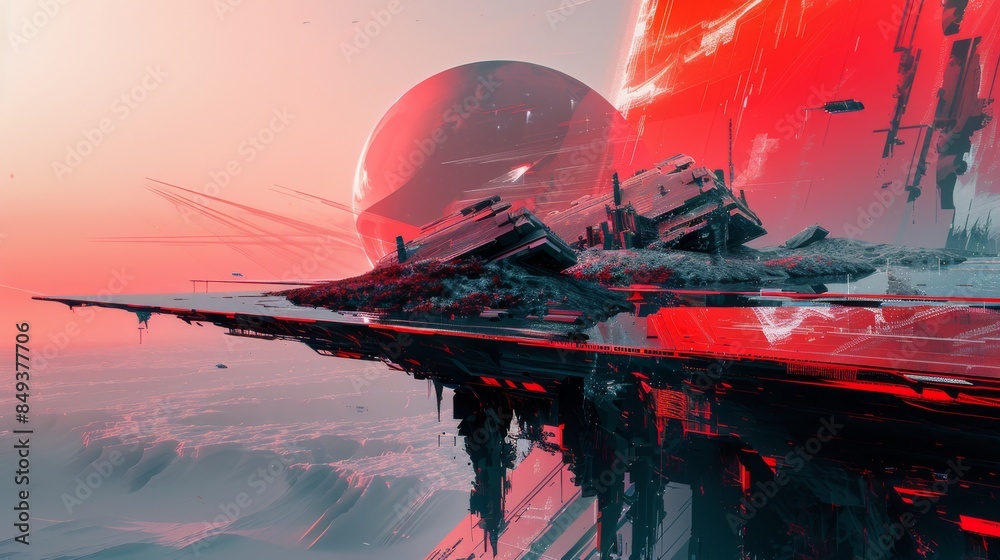 Futuristic sci-fi landscape with a red alien planet, floating ...