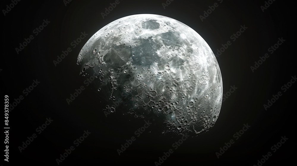 Gray glowing moon's surface, many craters. Full bright moon close up on ...