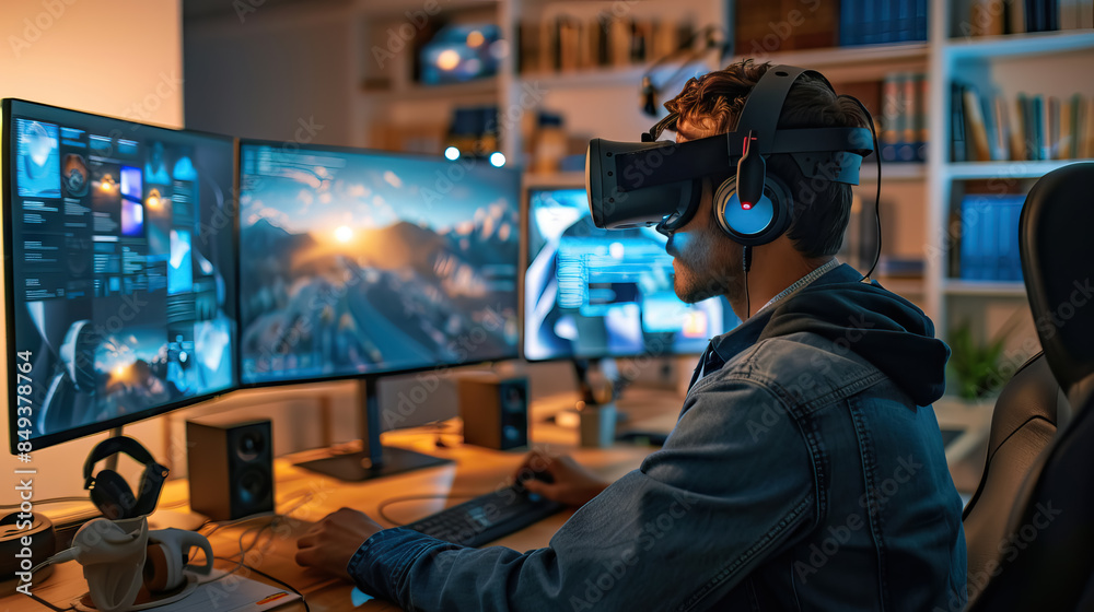 a Gen Z VR developer working from a sleek home office, immersed in ...