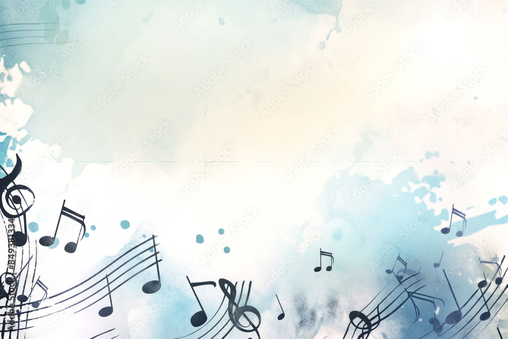 White paper with illustrations of music notes in a border frame design ...