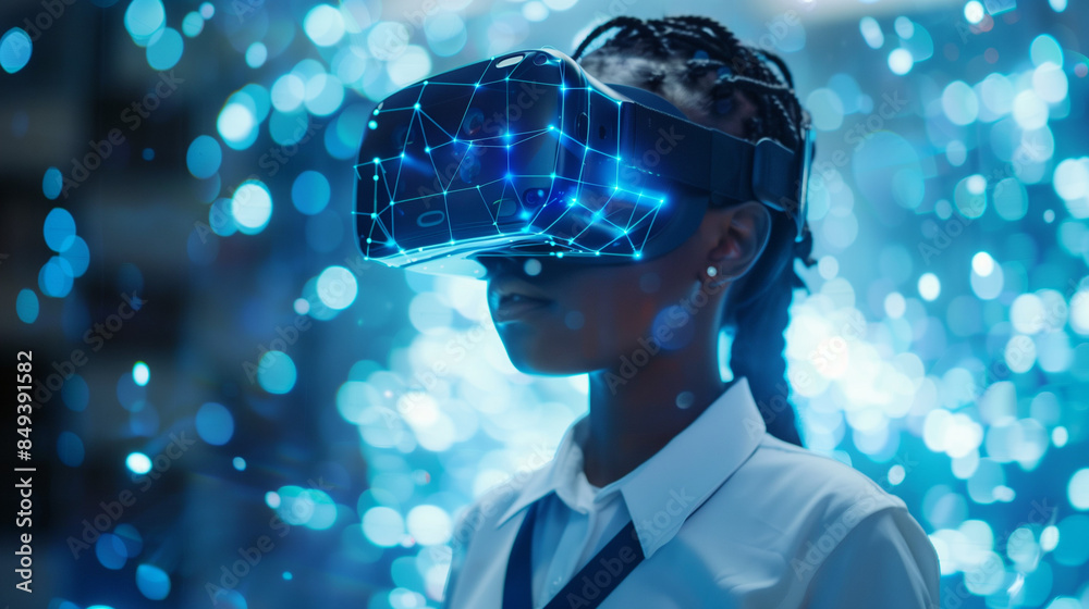 Black school student with VR headset using AI artificial intelligence ...