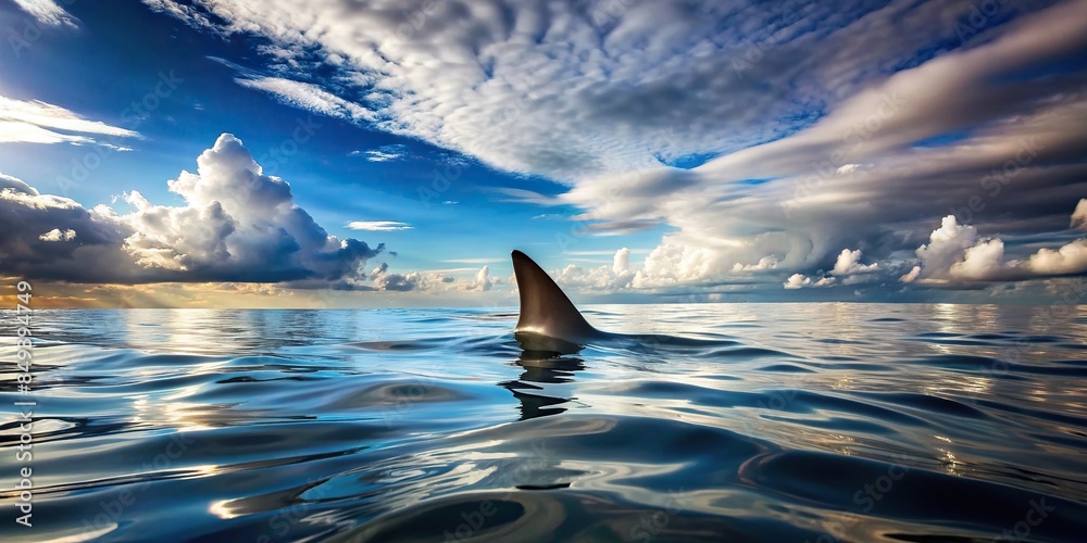 ภาพประกอบสต็อก Shark fin protruding from ocean surface under cloudy ...