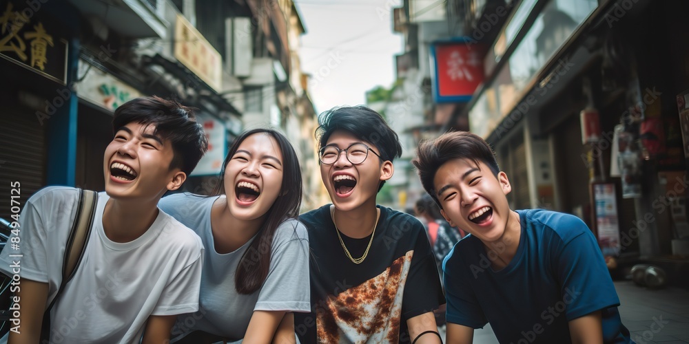 Teenagers in China laugh in the street with their mouths turned up, use ...