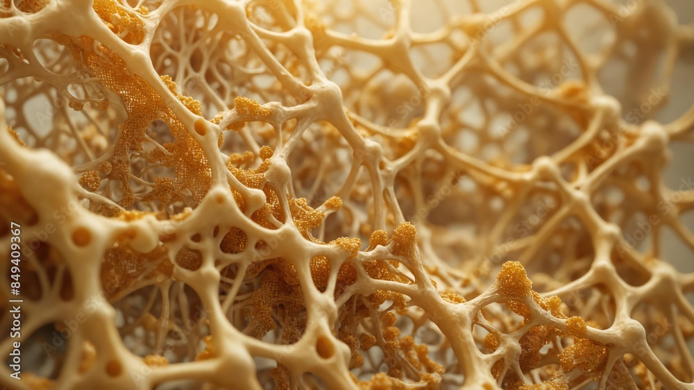 Spongy bone structure under magnification, showing tissue cells ...