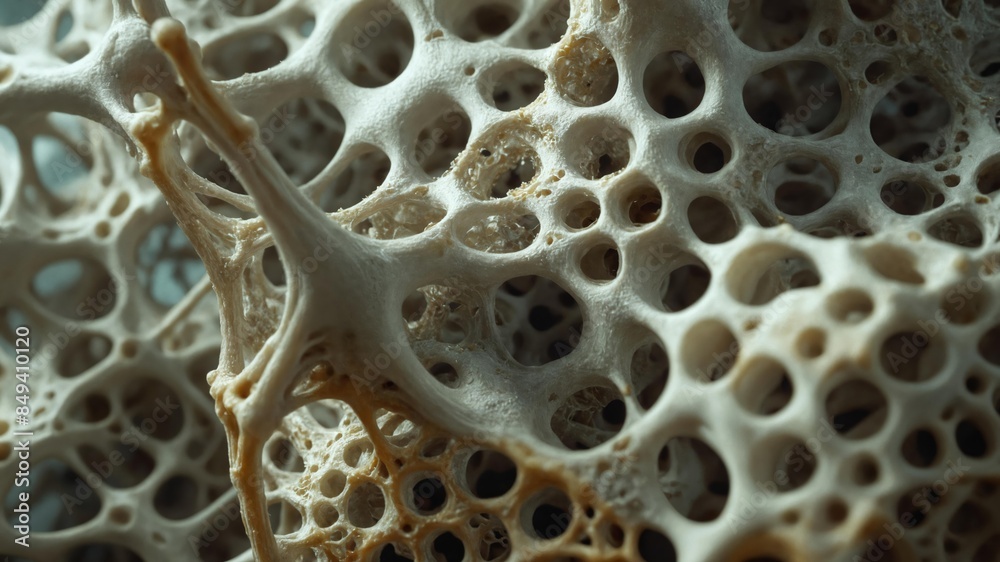 Spongy bone structure under magnification, showing tissue cells ...