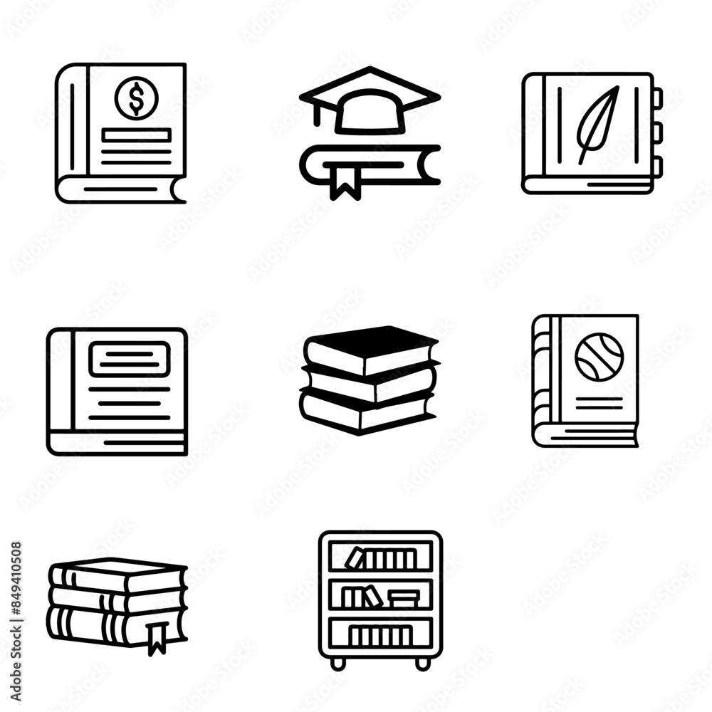 Books open, closed black icons set on white. Literature, publishing ...