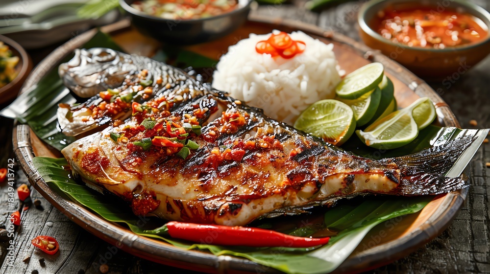 Indonesian ikan bakar, grilled fish with a spicy sambal sauce, served ...