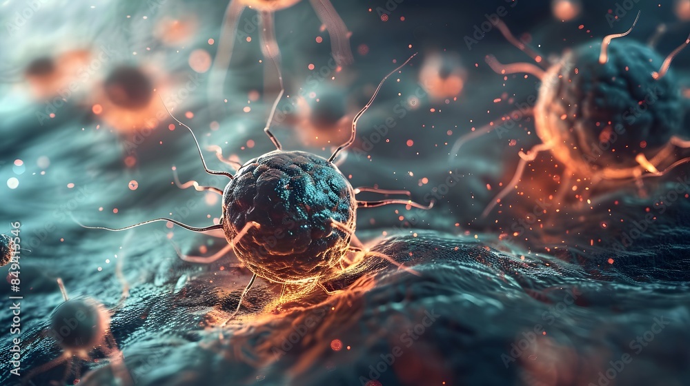 Human immune cells and cancer cells on a scientific background ...