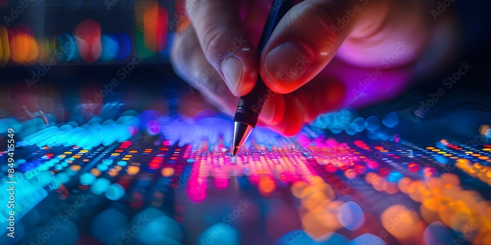 Business analytics shown with hand using digital pen on vibrant data ...