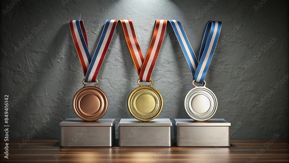 Gold, silver, and bronze medals on podium with ribbon, awards ...
