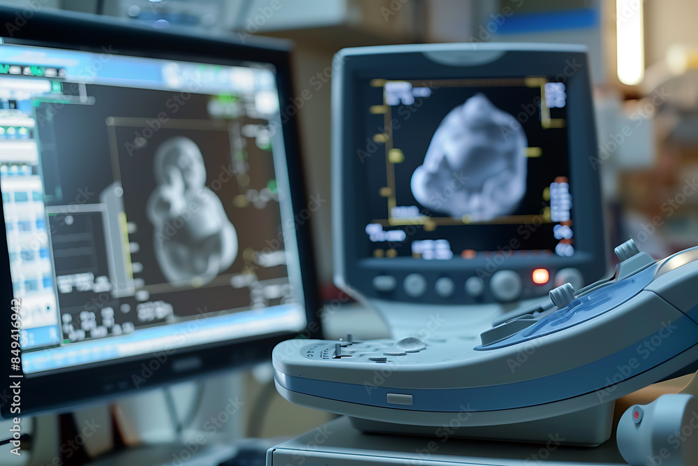 A detailed echograph of a fetus on an advanced ultrasound monitor in a ...