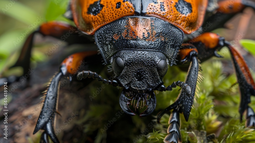 The image shows a close-up of a red and black beetle with a shiny ...