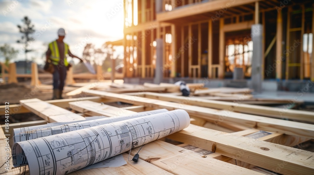 Timber frame construction site and plan Stock Photo | Adobe Stock