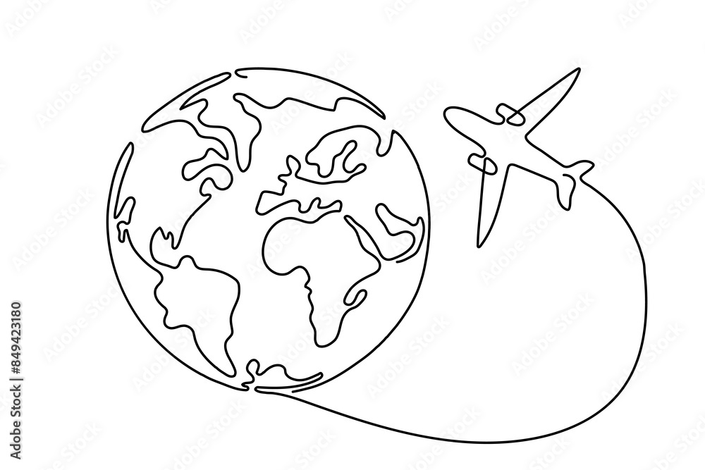 Line drawing of globe with airplane. Airline travel and flights. Flight ...