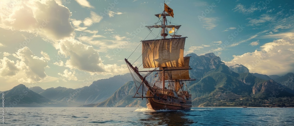 A pirate ship sailing the Caribbean Sea during the golden age, with the ...