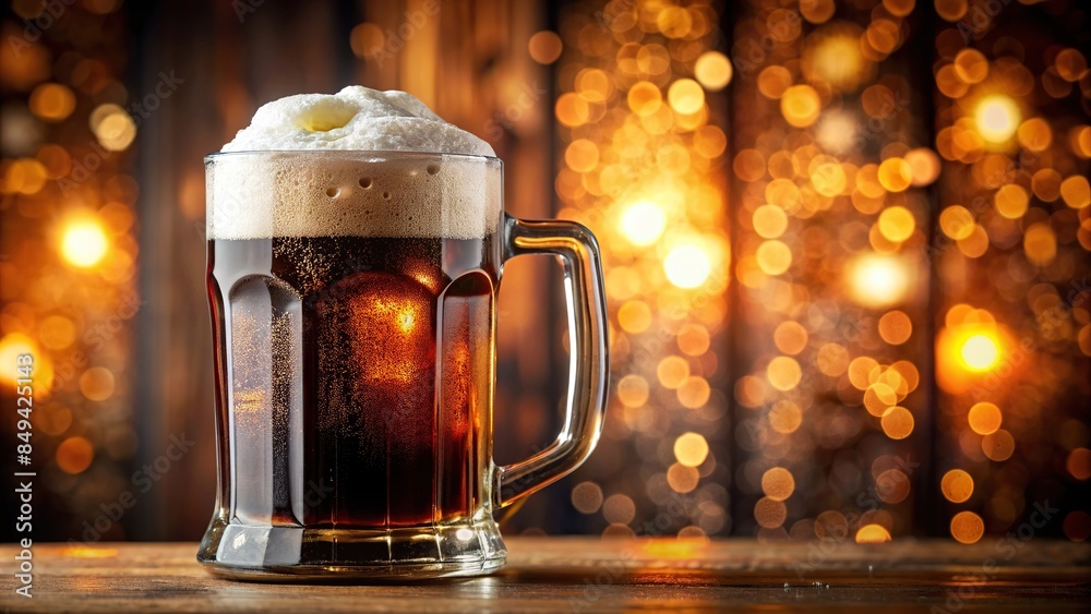 Stein of root beer on soda fountain background with vintage straw and ...
