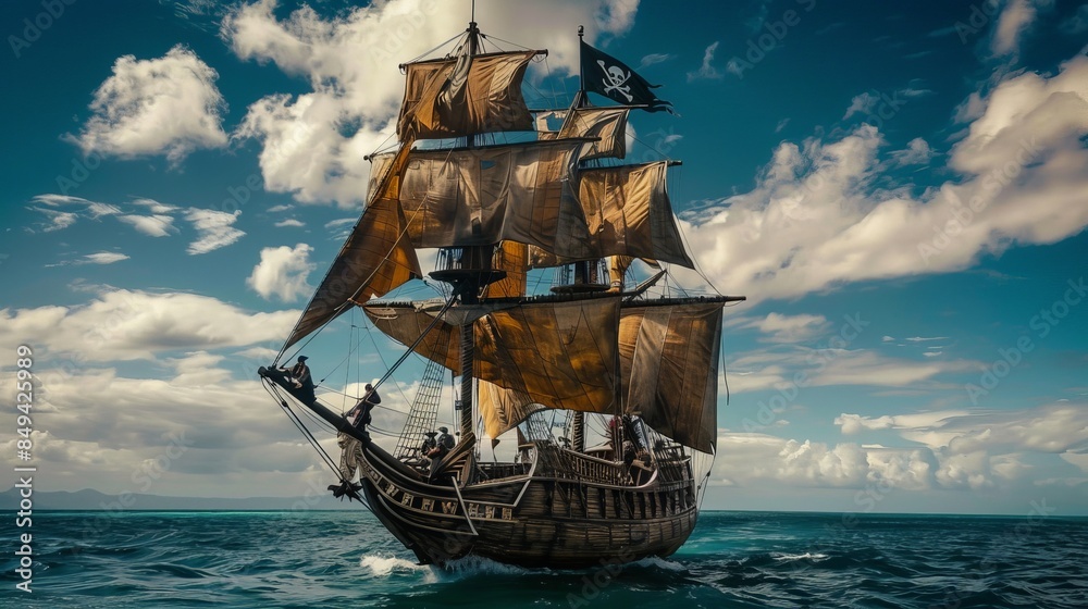 A pirate ship sailing the Caribbean Sea during the golden age, with the ...