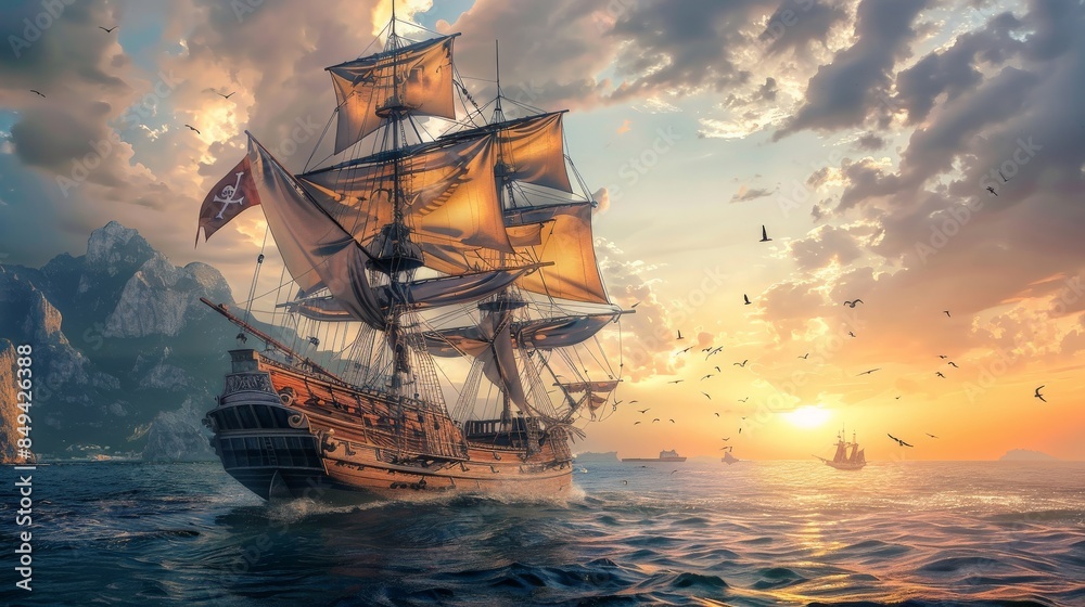 A pirate ship sailing the Caribbean Sea during the golden age, with the ...