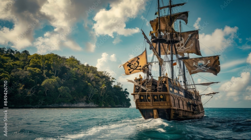 A pirate ship sailing the Caribbean Sea during the golden age, with the ...