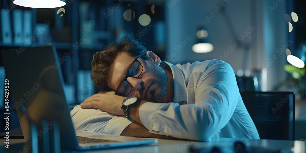 Young businessman sleeping at his desk after working late on laptop ...