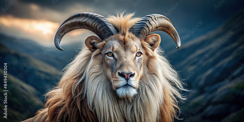Hybrid animal combining traits of a lion and a goat, with a majestic ...