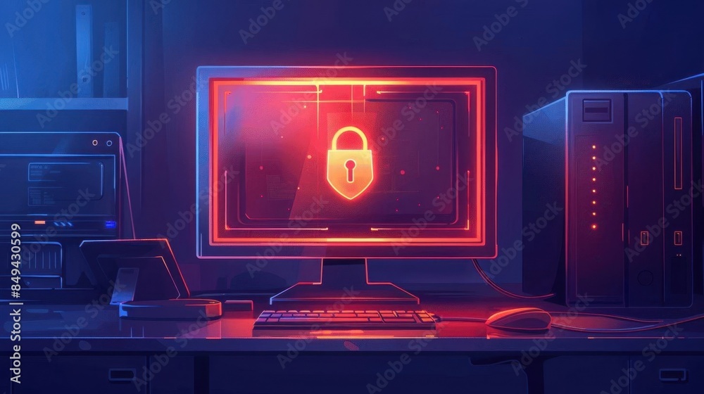 Cartoon desktop PC with a protection icon in front, highlighting ...