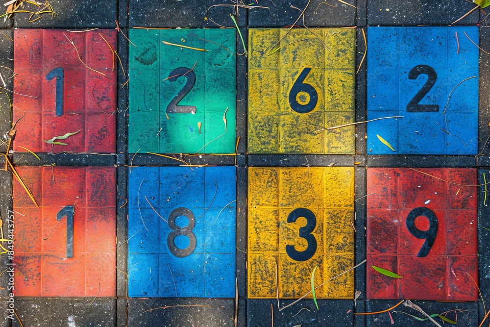 Colorful numbered tiles arranged in a 3x3 grid. Bright and playful ...