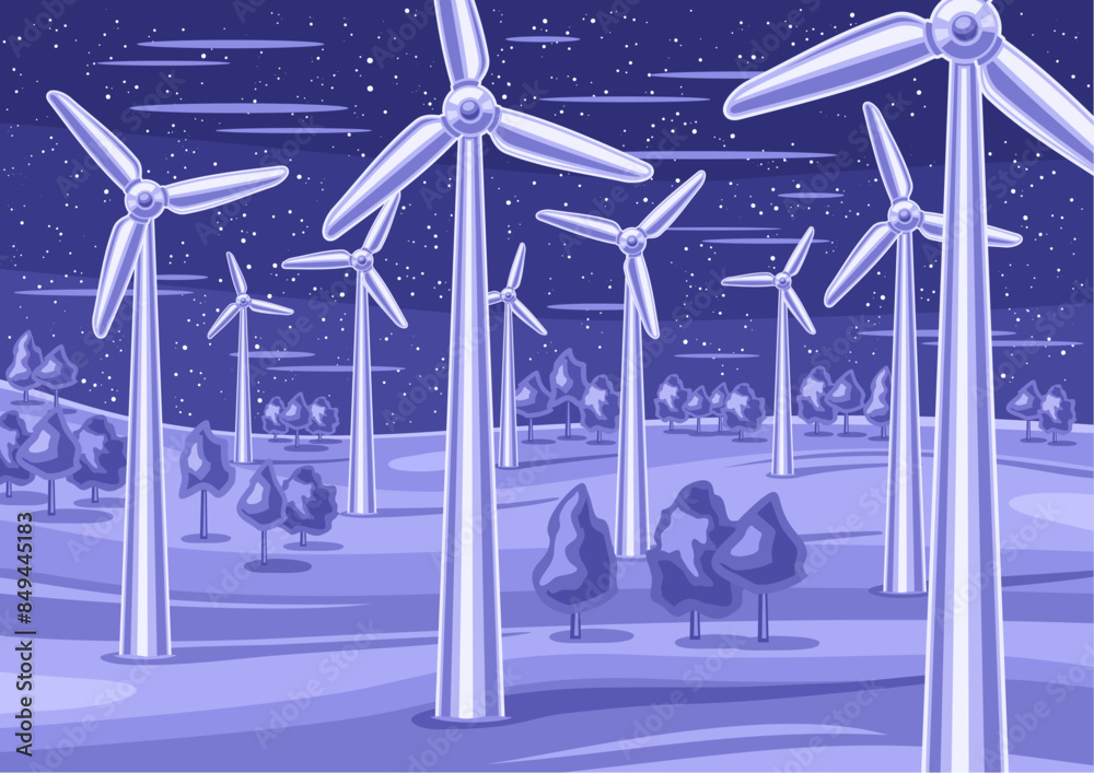 Vector illustration of Night Wind Power Farm, horizontal poster with ...