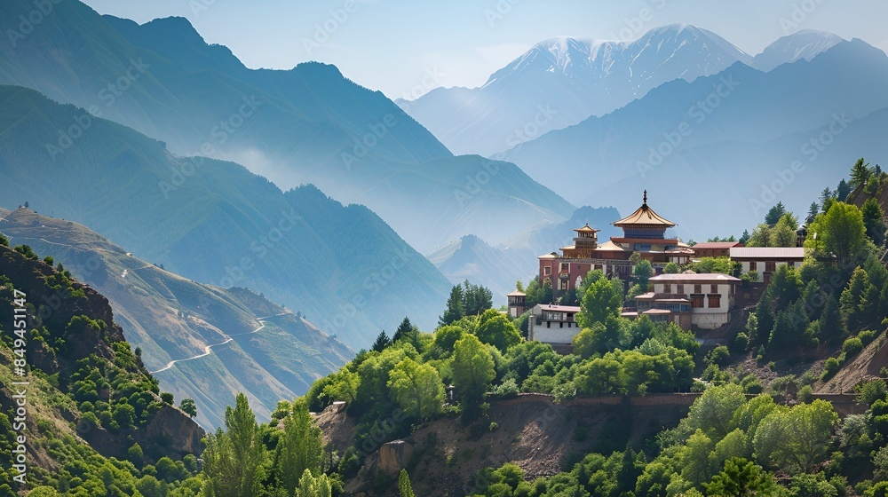 Nestled in the serene mountains, a beautiful monastery stands ...