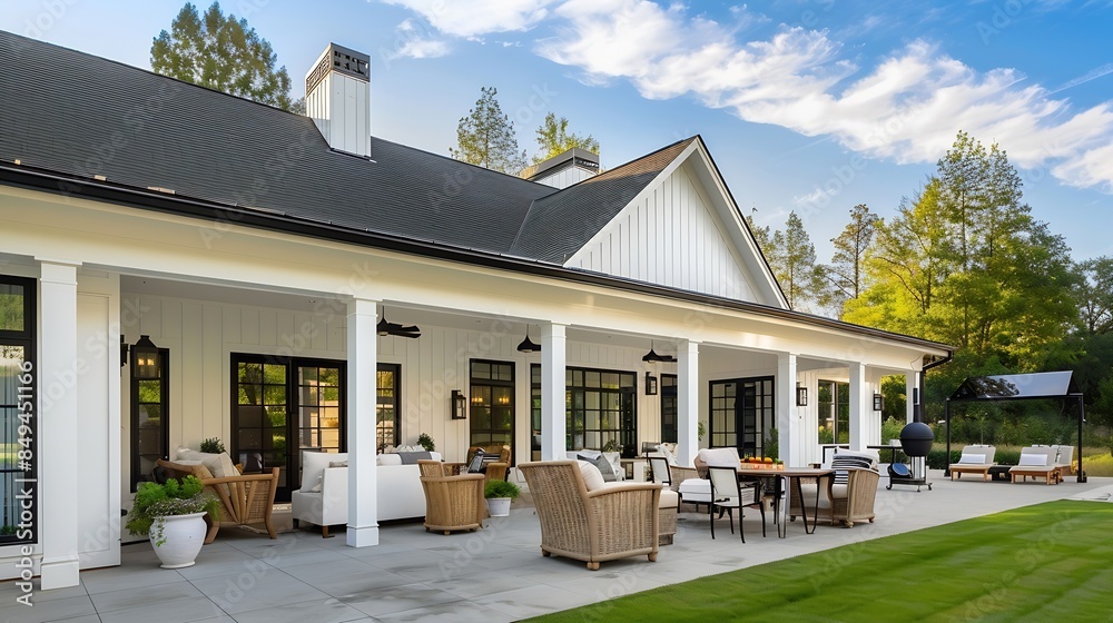Exterior of a large modern farmhouse home white siding large front ...