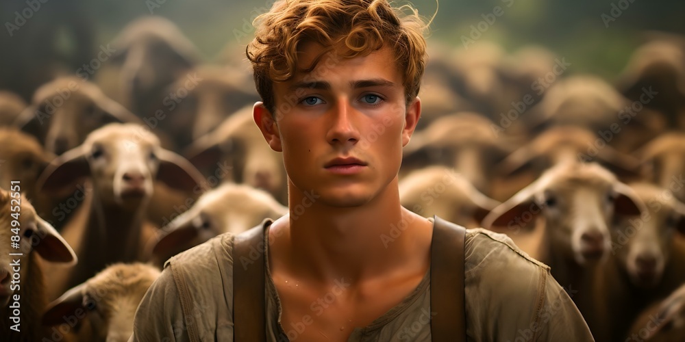 David a young shepherd in a biblical tale tending to his flock. Concept ...