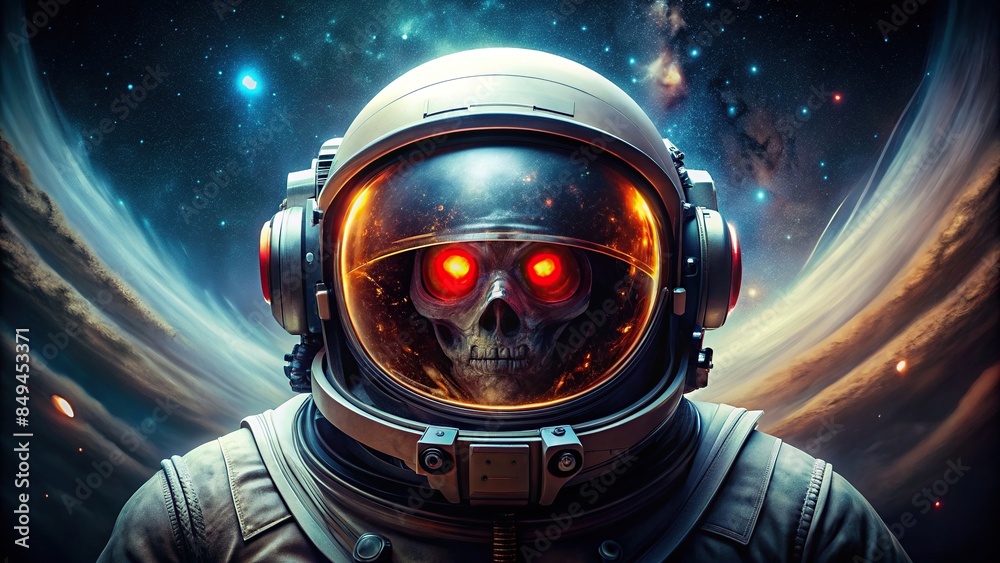 Spooky cosmonaut helmet with glowing red eye socket floating in dark ...