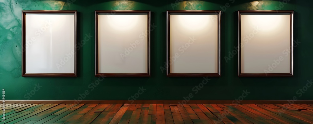 Four blank picture frames, each a different size, on a dark emerald ...