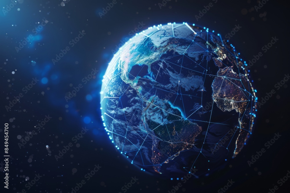 Planet earth in rotation with internet network connection on a blue ...